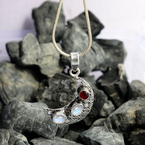 Rainbow Moonstone & Red Garnet Gemstone 925 Sterling Silver Moon ...