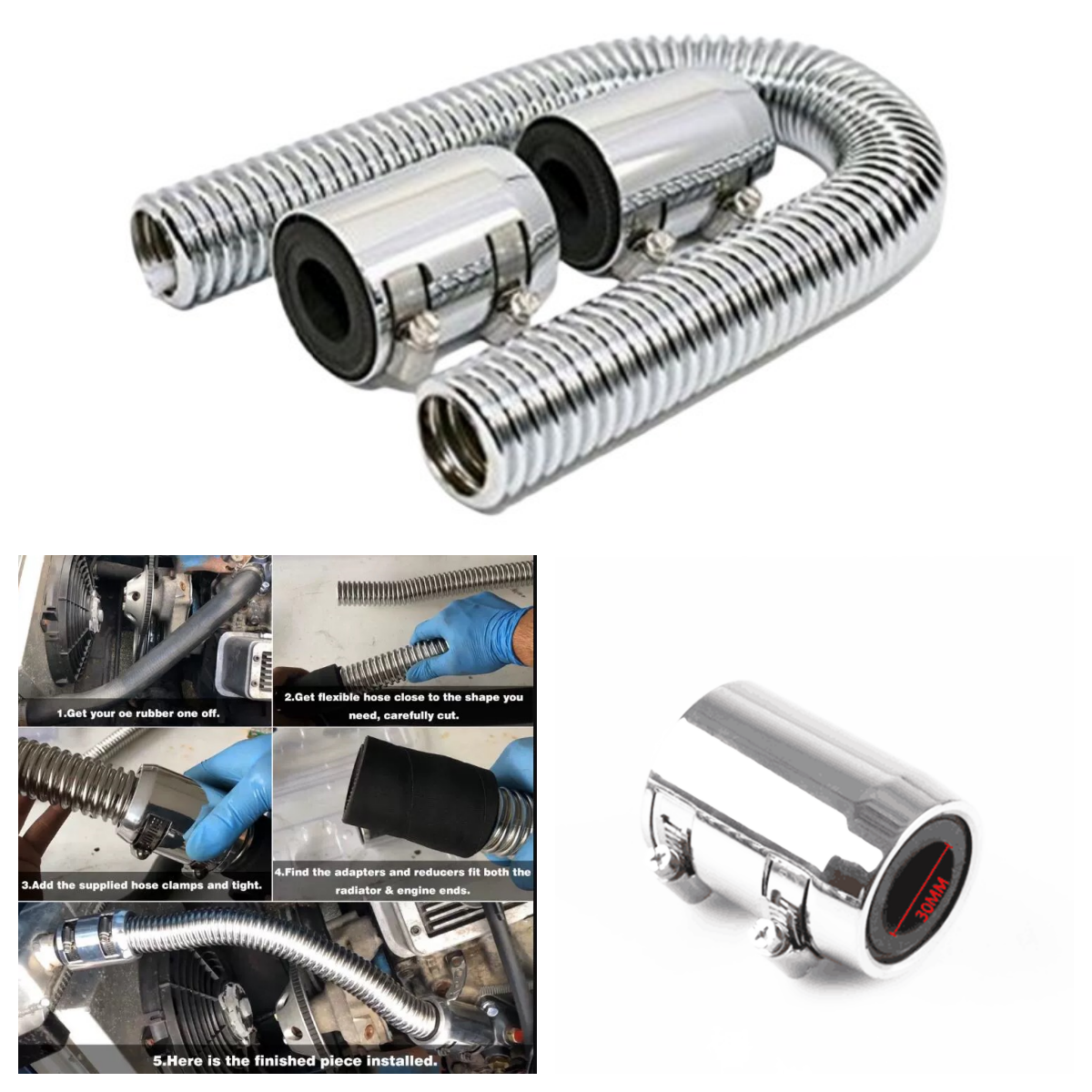 24" Stainless Steel Flexible Radiator Coolant Water Hose Kit with Caps ...