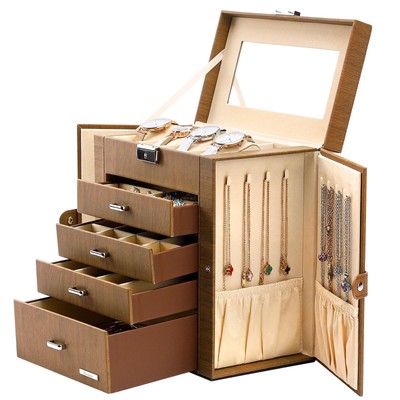 Synthetic Leather Huge Jewelry Box Mirrored Watch Organizer Necklace ...