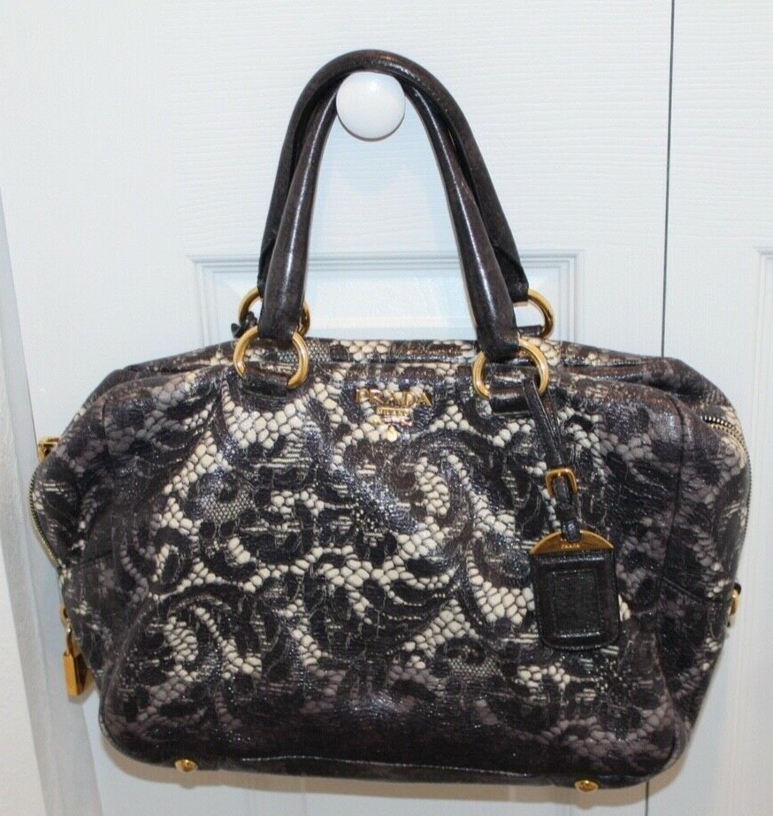 PRADA BOWLING BAG TALCO LACE PRINT CERVO LEATHER SATCHEL | eBay