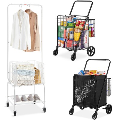 VEVOR Rolling Laundry Cart Folding Shopping Cart w/ Hanging Rack/Double ...