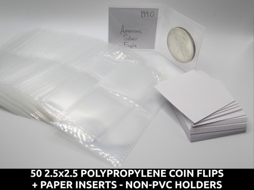 50 2.5" Polypropylene Coin Flips+paper inserts - PVC-free holders ...