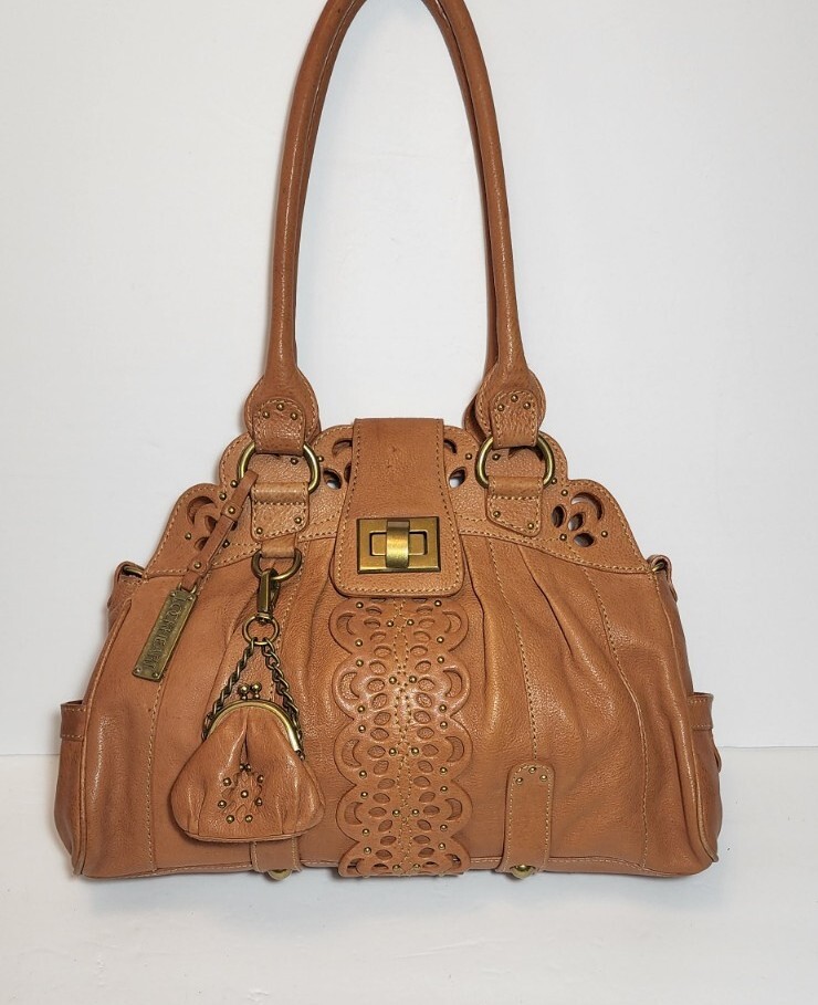 LOCKHEART CUT IT OUT CANDACE BROWN LEATHER LACE STUDDED HANDBAG W/COIN ...