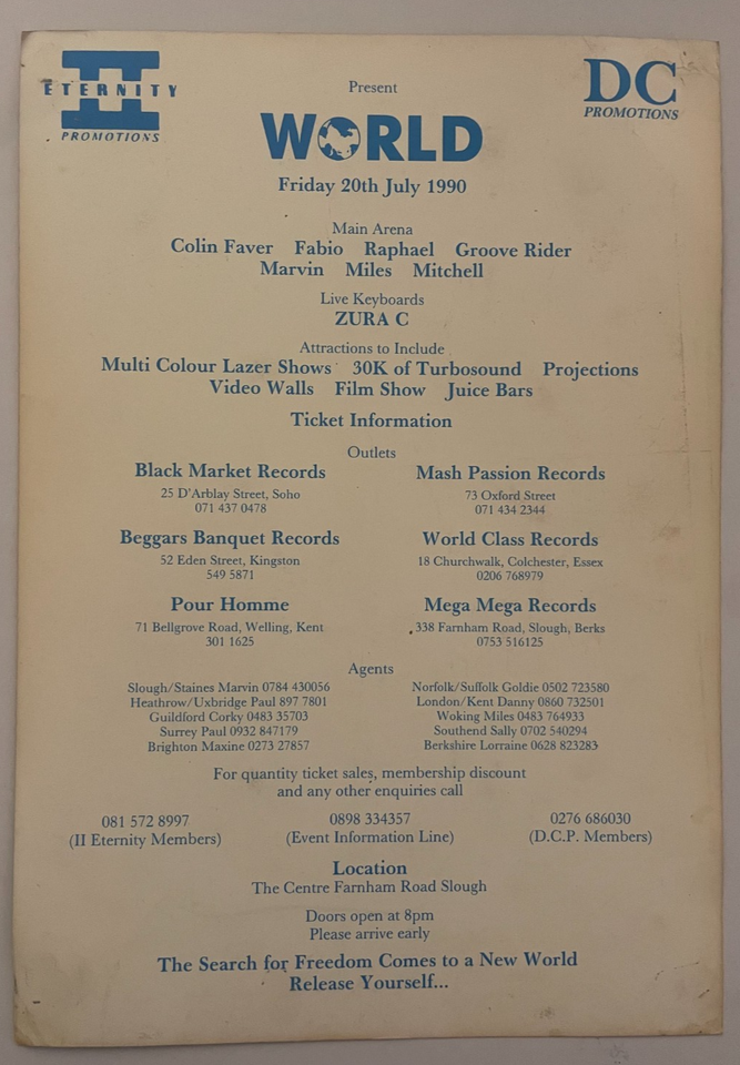 ETERNITY II present WORLD - A5 RAVE FLYER - 20/7/1990 - SLOUGH - COLIN ...
