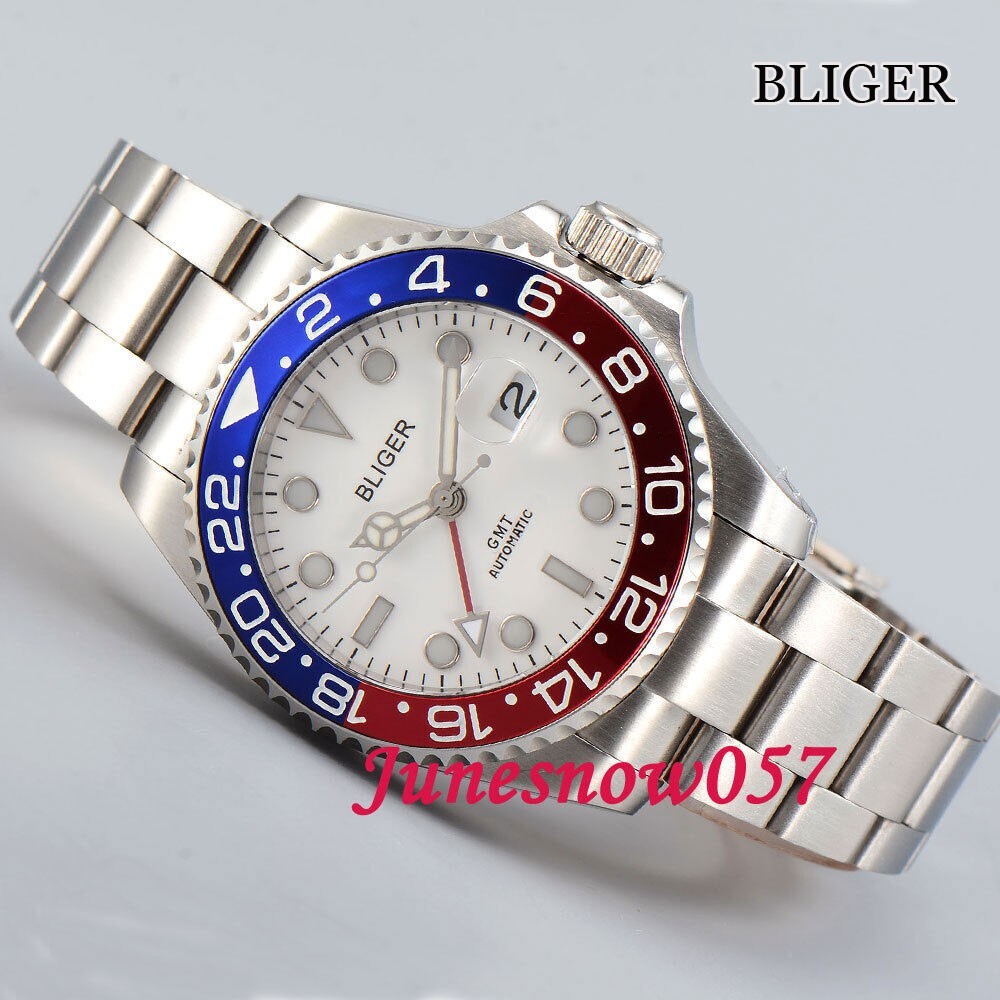 BLIGER 40mm White Dial Sapphire Glass Date Window GMT Automatic Men's ...