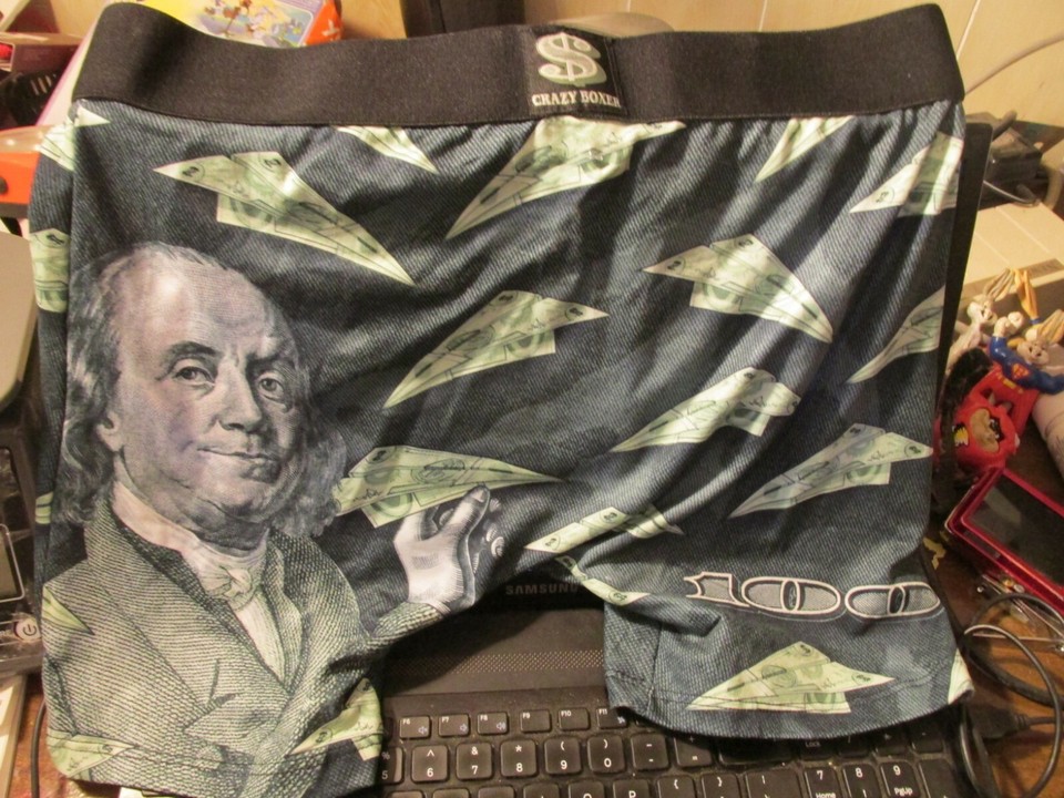 1 PR MENS~CRAZY BOXER~BEN FRANKLIN~$$$ AIRPLANES~"SILKY" KNIT BOXERS ...