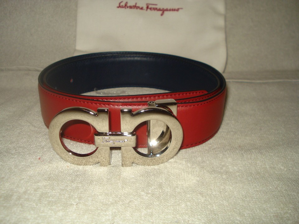 100% AUTH NEW MEN FERRAGAMO BOX CALFINO RED/BLUE REVERSIBLE BELT US 32/ ...