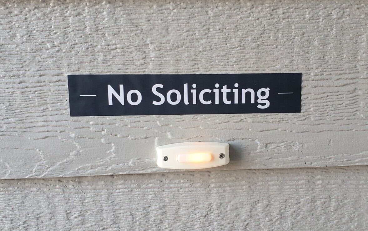 NO SOLICITING Sticker Sign Vinyl 9x3 inch MADE IN USA *choose one* Door ...