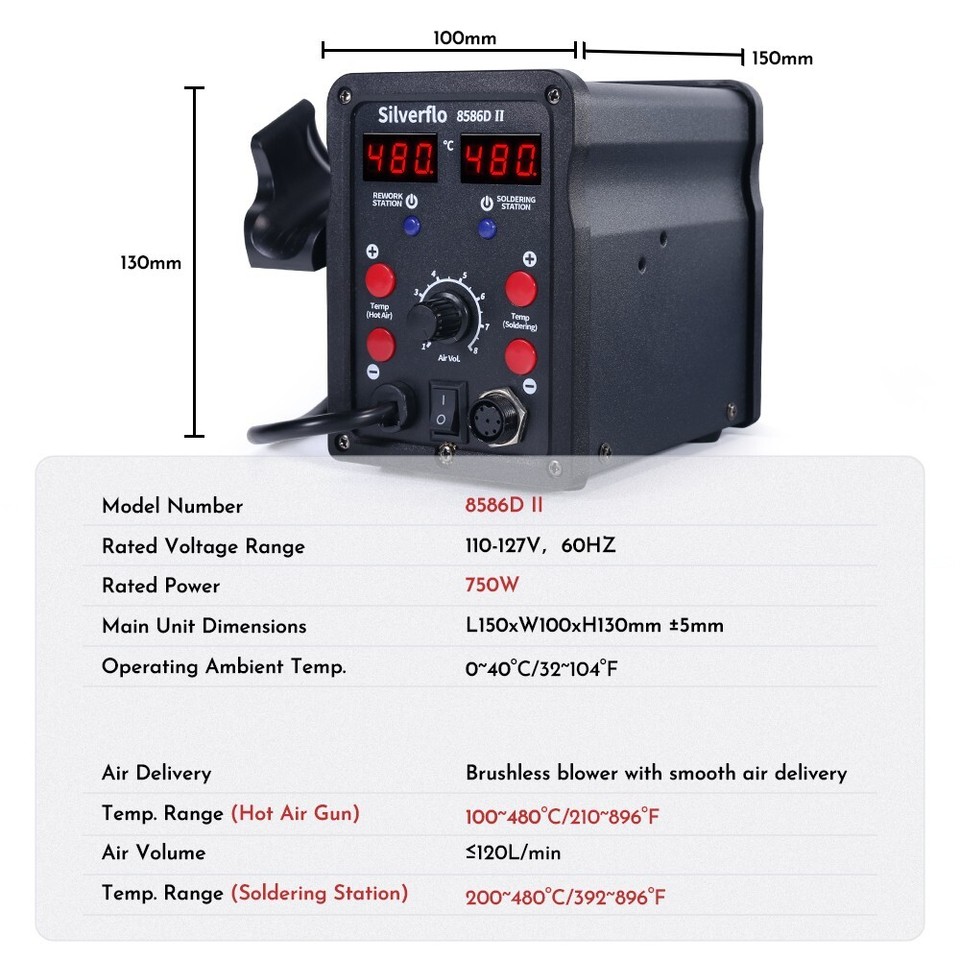 750W Silverflo Soldering Station Solder Iron Kit Hot Air 2 in 1 Rework ...