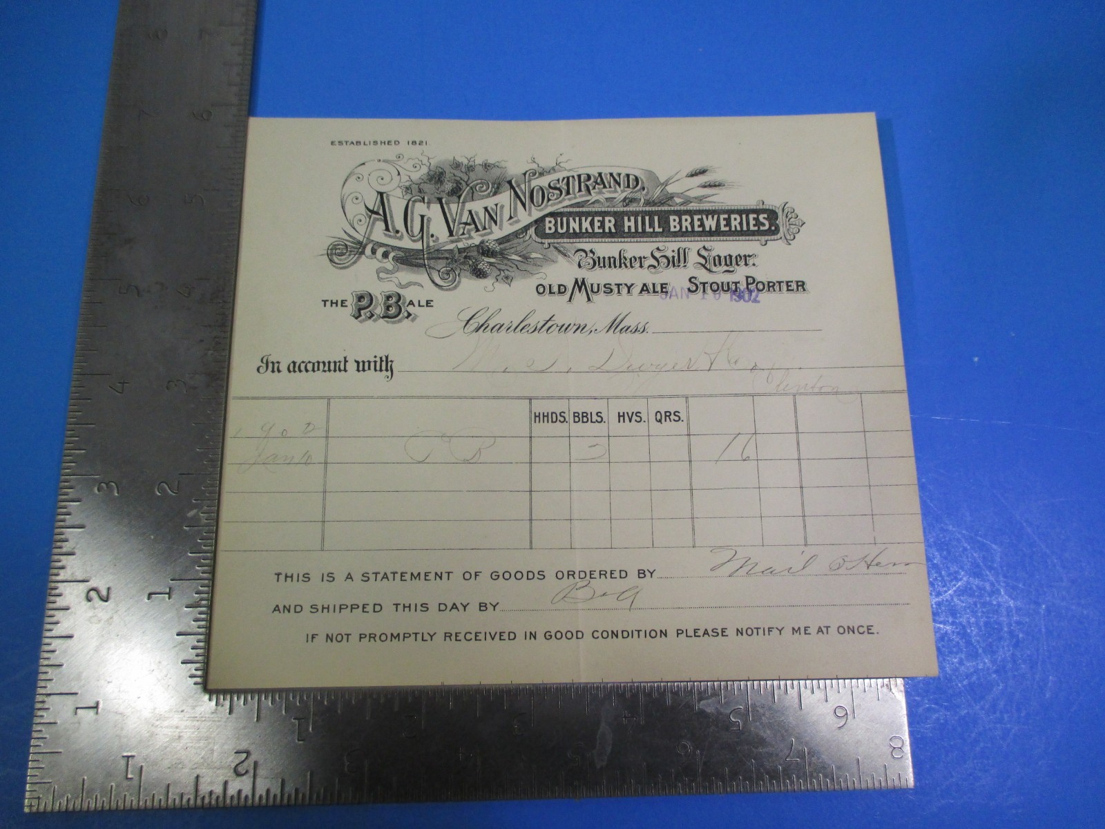 Vintage January 10, 1902 A. G. Van Nostrand Bunker Hill Breweries ...