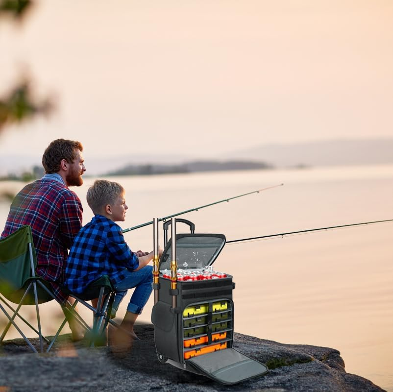 Rolling Tackle Box with Cooler, Large Fishing Bag with Wheels for 5 ...