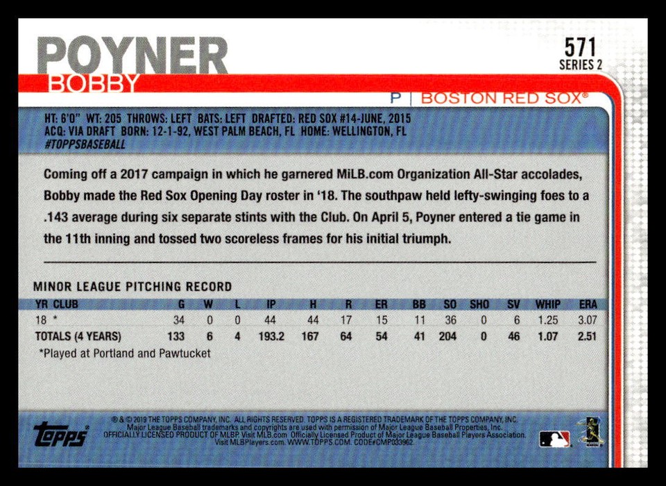 2019 Topps #571 Bobby Poyner Rookie Boston Red Sox | eBay