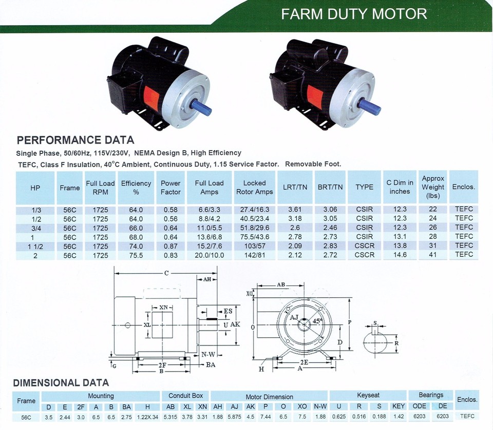 Rolled Steel Farm Duty AC Motor 1/3HP 1800RPM 56C Removable Feet Single ...