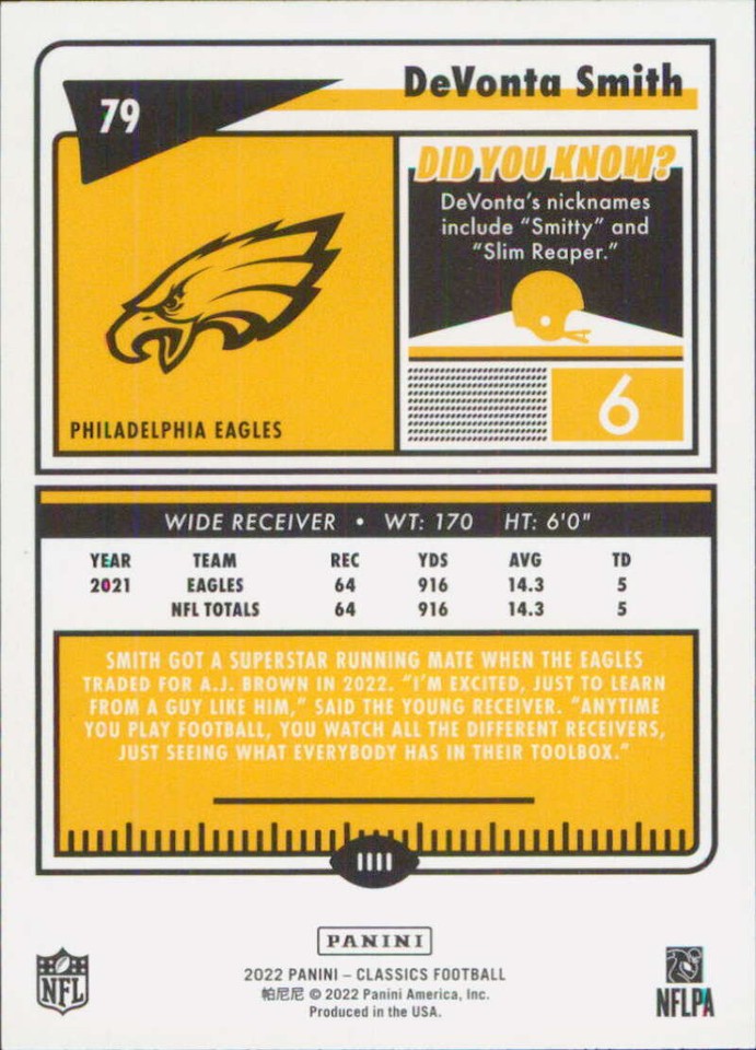 DeVonta Smith 2022 Panini Classics Base #79 NFL Eagles ID:55498 | eBay