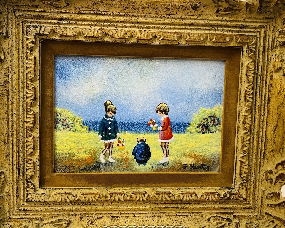 Original Jack Prager Enamel On Copper Painting Framed Children at Play ...