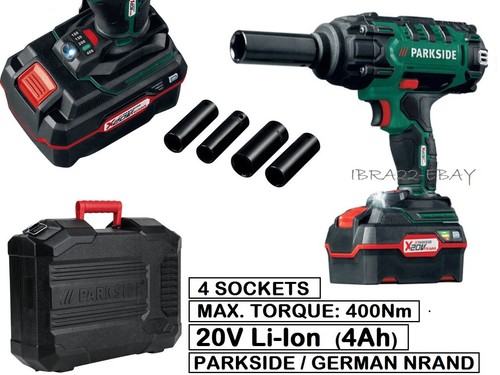 Parkside 20V 4Ah Cordless 1/2" 400Nm Impact Wrench Kit Socket set ...