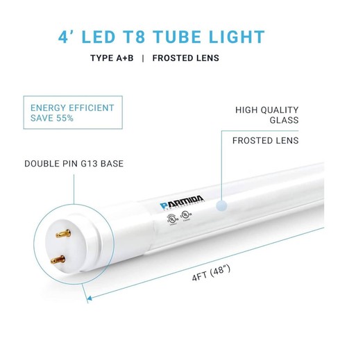 PARMIDA 20-Pack 4FT LED T8 Hybrid Type A+B Light Tubes – 6000K, 2200lm ...