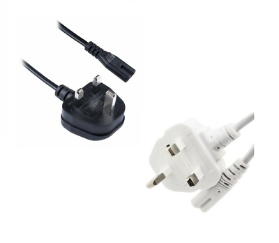 Black & white Long UK Mains Power Lead Cable LED TV Fig 8 2 Pin 0.5 1m ...