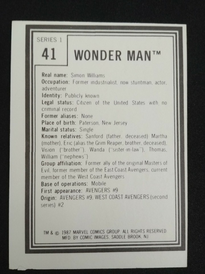 1987 Marvel Comic Images Card Captain Wonder Man #41 | eBay