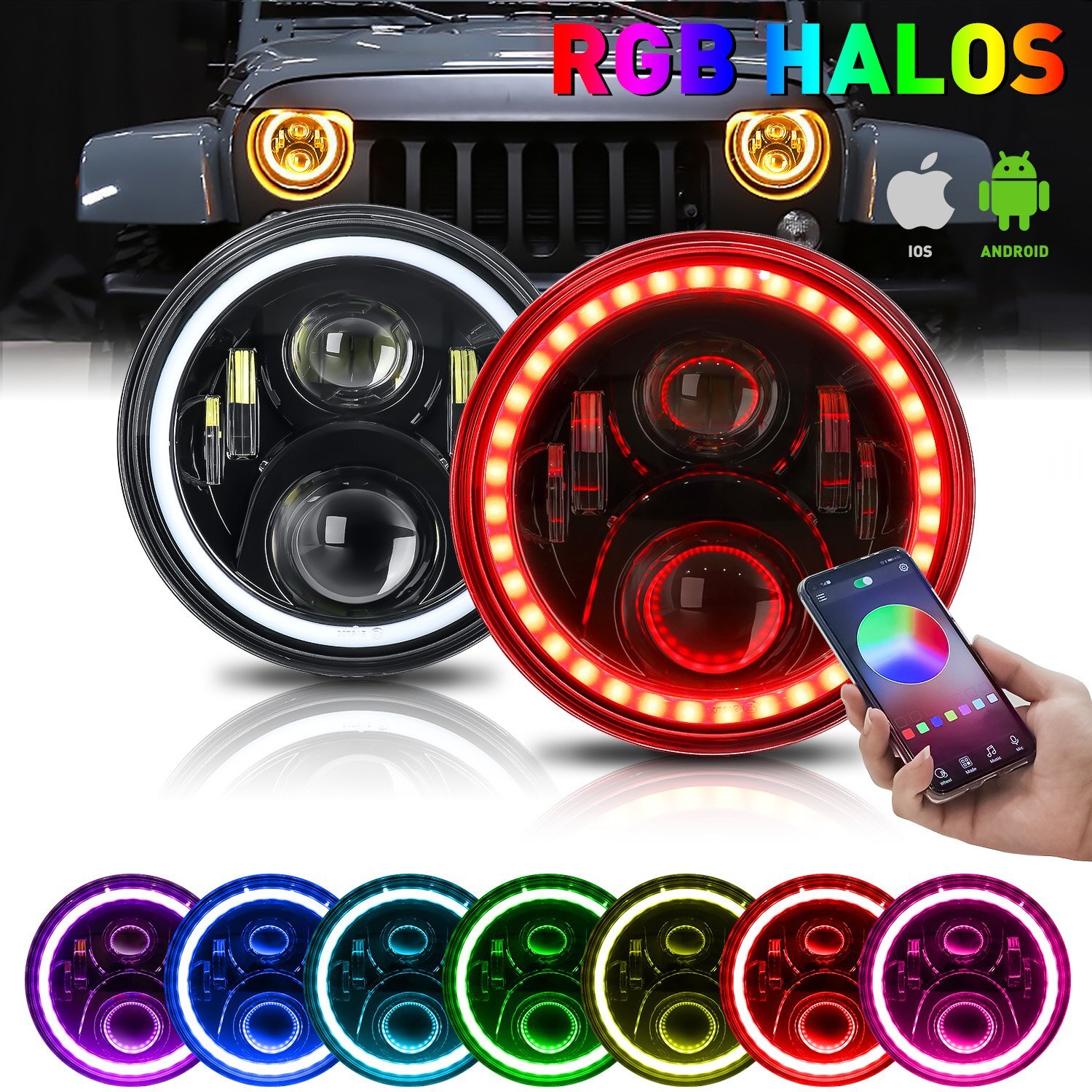 2x RGB 7inch LED Headlights Projector + 4inch Fog Light RGB Halo Fits ...