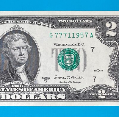 LUCKY January 1957 (G 777 1 1957 A) $2 Two Dollar Bill Serial Number ...