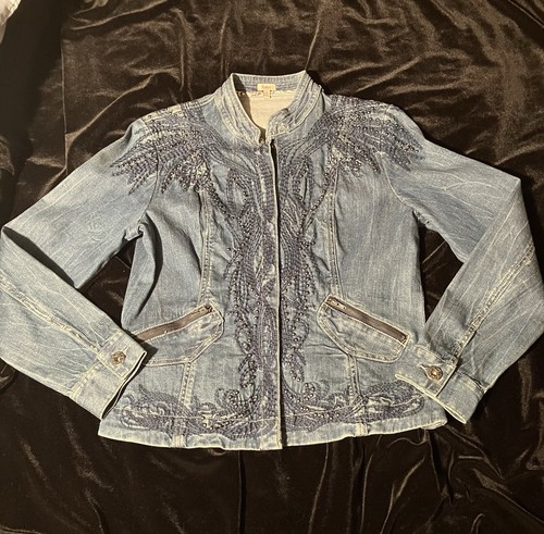 Reba Denim Jacket Western Embroidered Studded Snap Button Small | eBay