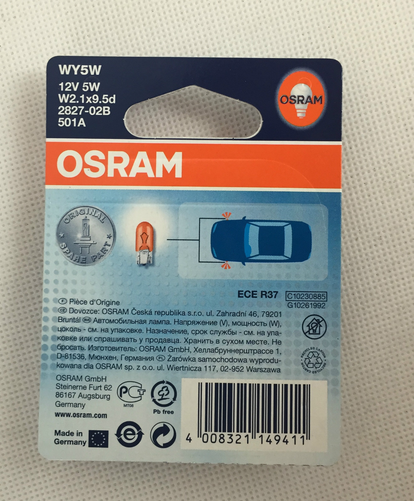2 x OSRAM WY5W LAMPE / BLISTER 2827-02B 12V 5W W2.1 x 9.5d W5W 2827 ...