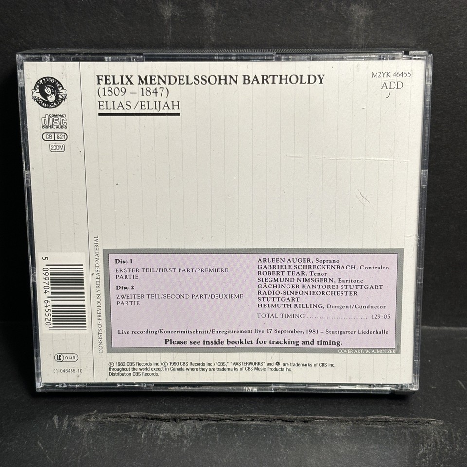 MENDELSSOHN — ELIAS / ELIJAH 1990 Classical 2CD HELMUTH RILLING Arleen Auger CBS | eBay