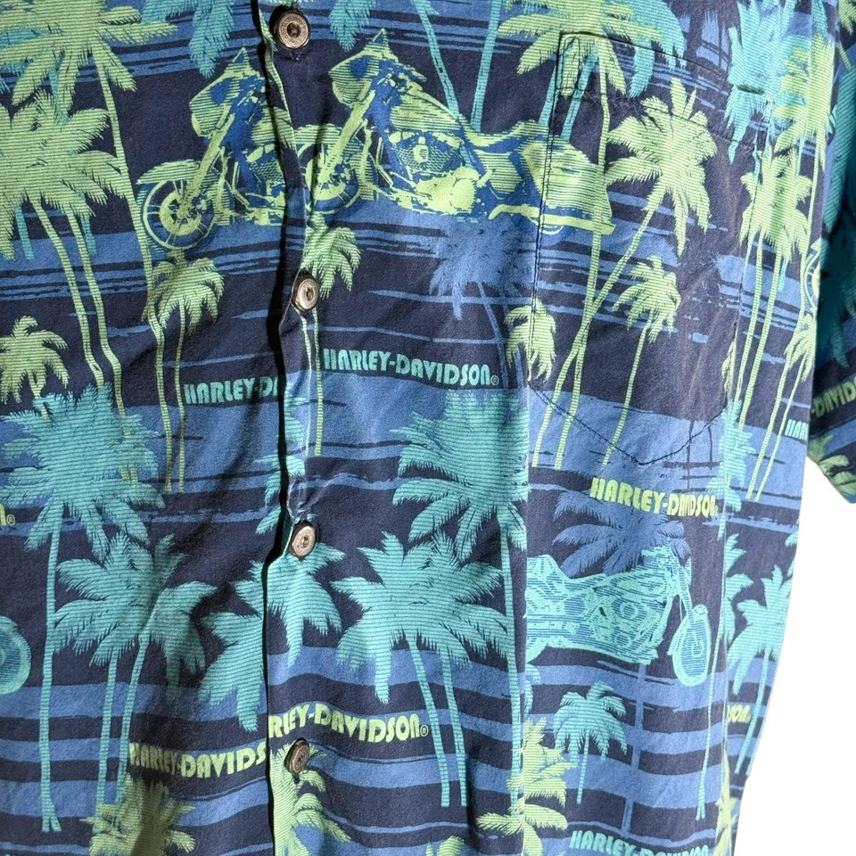 Harley-Davidson Hawaiian Shirt 3XL Motorcycles Palm Trees Blue Green ...