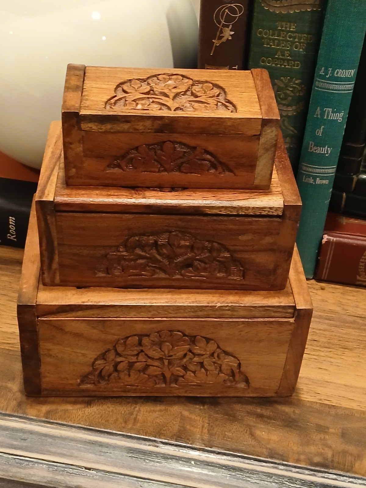 VTG CARVED WOOD FLORAL NESTING BOX SET MADE IN INDIA KEEPSAKES, TRINKET ...