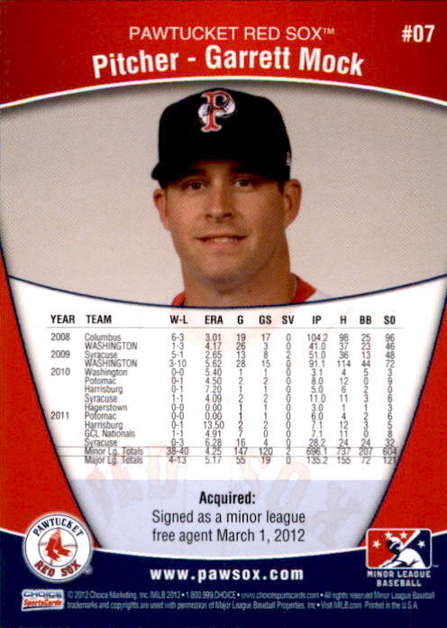 2012 Pawtucket Red Sox Choice #7 Garrett Mock - NM Baseball Card | eBay