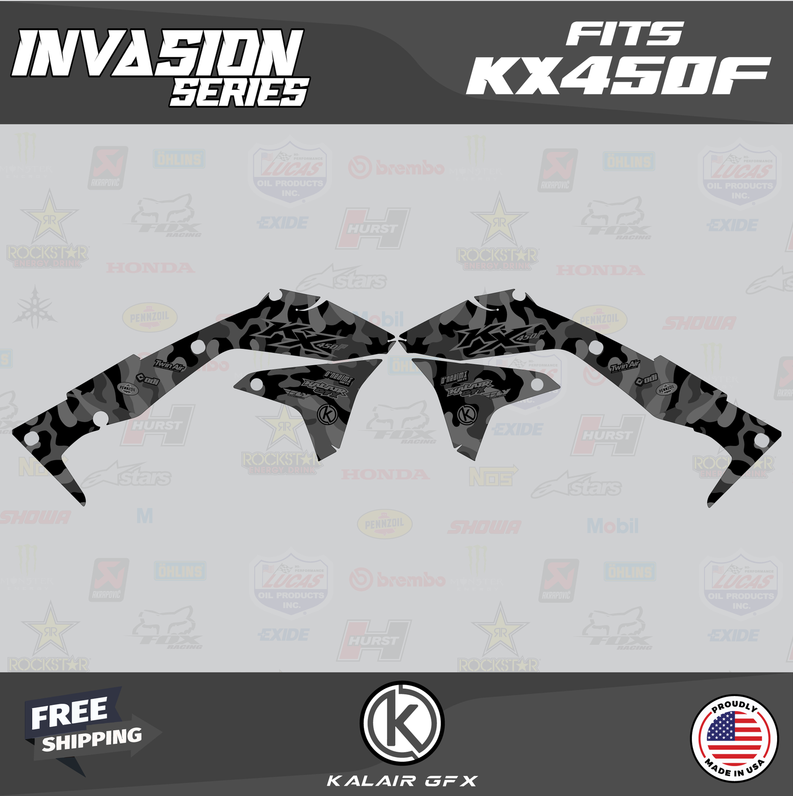 Graphics Kit for Kawasaki KX450F (2016-2018) KX 450F Invasion - SMOKE ...