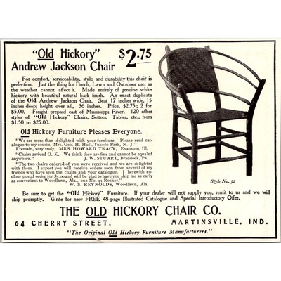 The Old Hickory Chair Co. Andrew Jackson Chair Martinsville IN 1906 Ad ...