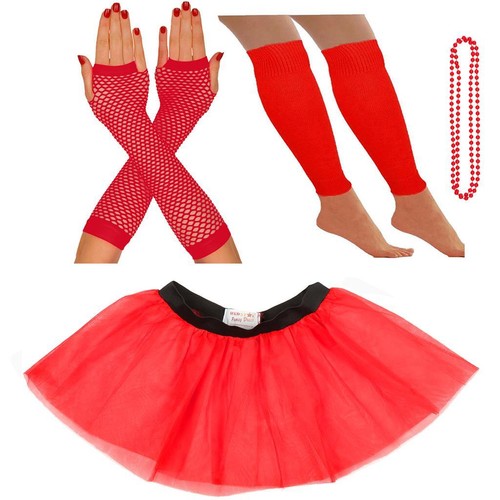 RED FANCY DRESS COSTUME TUTU LEGWARMERS GLOVES BEADS HEN PARTY 80s ...