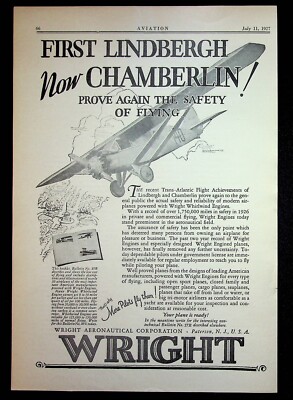 Wright Whirlwind 1927 Aviation Ad Charles Lindbergh Chamberlin Trans ...