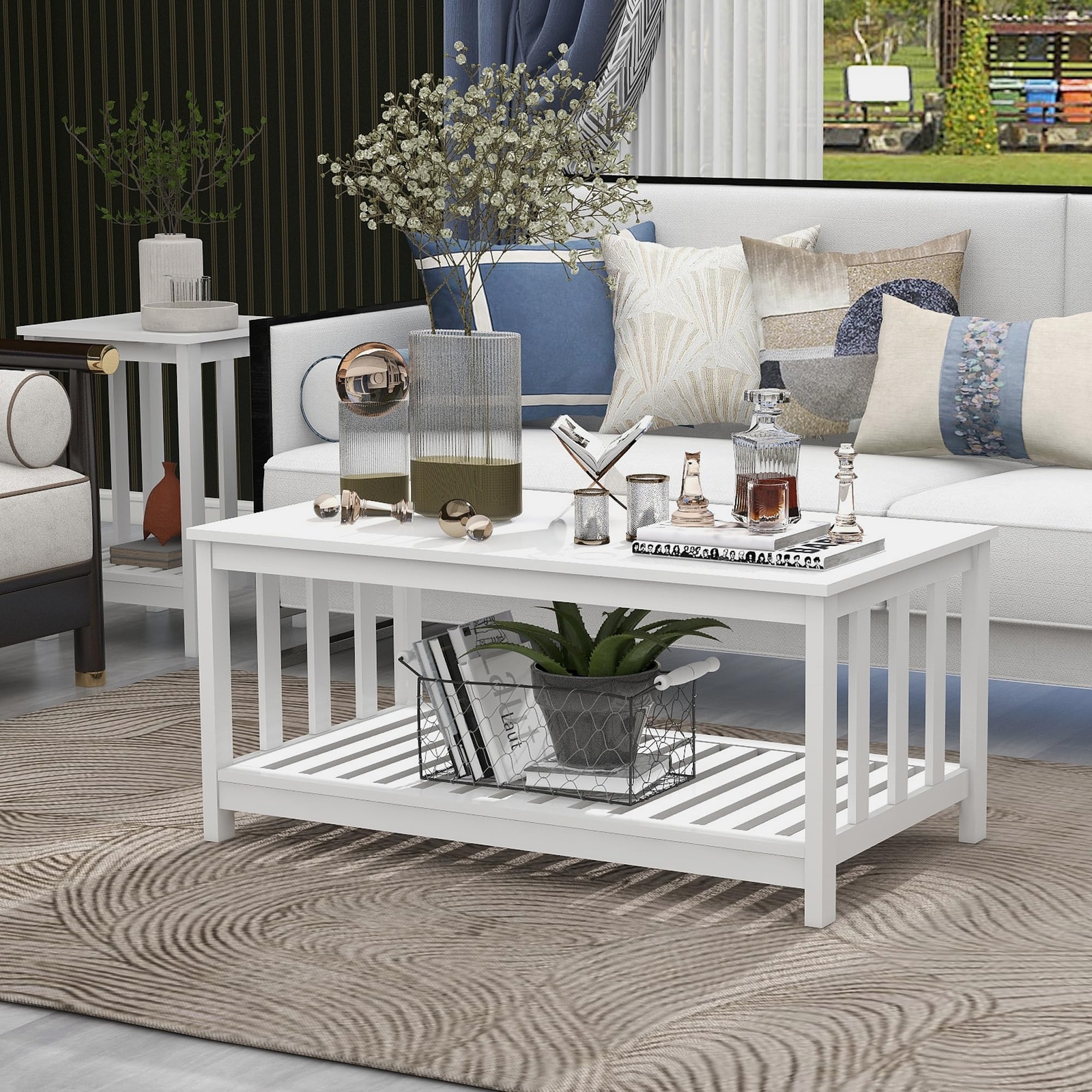 TaoHFE White Modern Coffee Table with Storage Shelf 2-Tier Living Room ...
