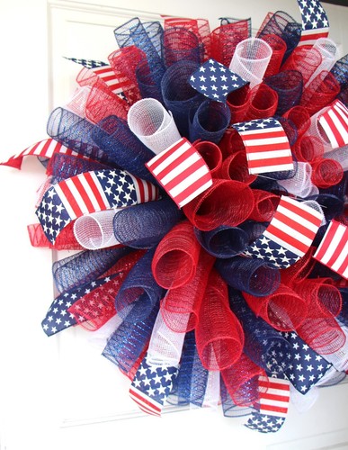 XL Curly Patriotic Mesh Wreath, Red White Blue Flag Stars Stripes, 4th ...