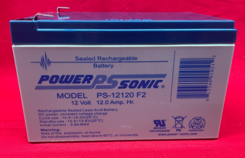 POWER SONIC SEALED RECHARGEABLE BATTERY MODEL PS-12120 F2 12 VOLT 12.0 ...