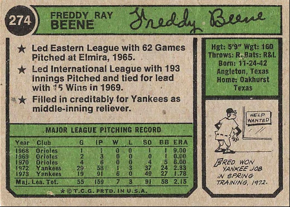 1974 Topps Fred Beene New York Yankees #274 | eBay