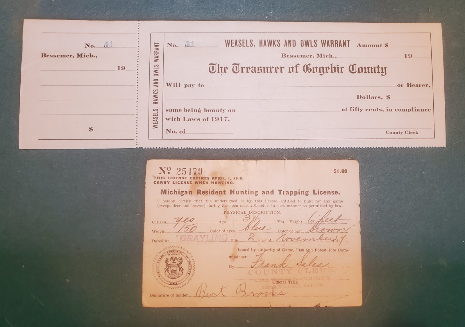 Vintage 1917 Michigan Resident Hunting or Small Game License + Weasels ...