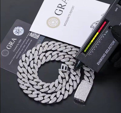 MOISSANITE Real Cuban Link Chain Iced Hip Hop 925 Silver Necklace 12mm ...