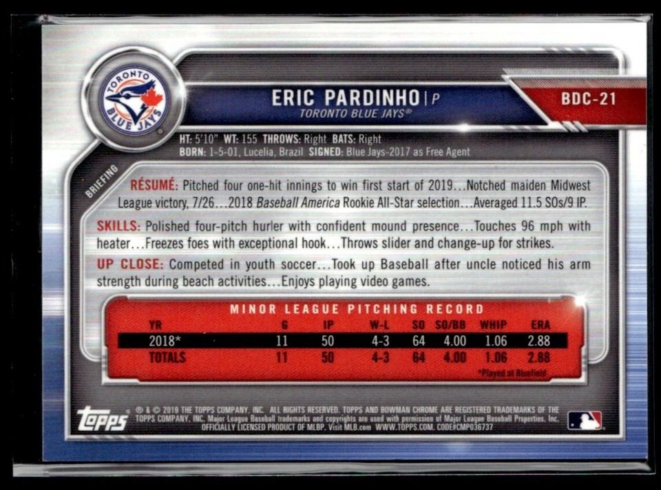 2019 Bowman Draft Chrome Blue Refractor Eric Pardinho 805/150 Toronto ...