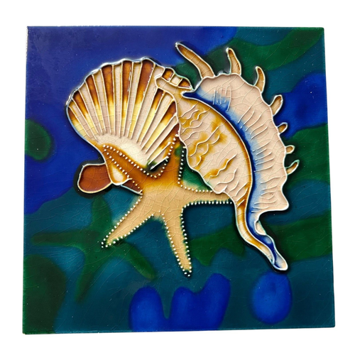 Handcrafted Ceramic Tile Wall Art Seashell Starfish Ocean Coastal Beach ...