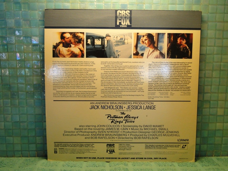 The Postman Always Rings Twice Jack Nicholson Laserdisc -EXTRA LDs SHIP ...