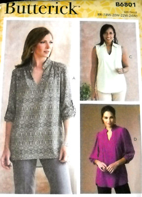 Butterick 6801 Tops Long Sleeve Sleevless Women's size 18w-24w Sewing ...
