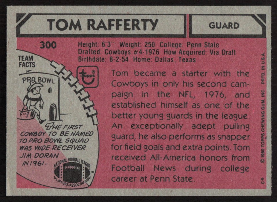 Tom Rafferty Signed Auto Autographed Card 1980 Topps #300 Dallas ...