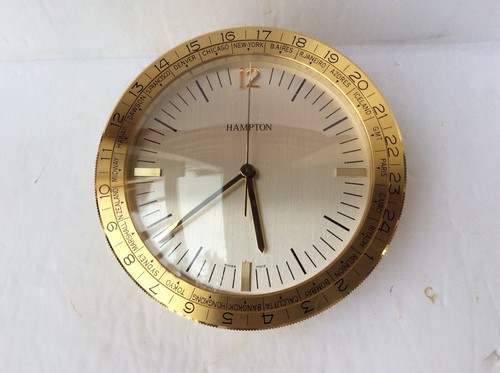 VINTAGE BRASS HAMPTON WORLD TIME QUARTZ DESK CLOCK W/ MARKER. EXCELLENT ...