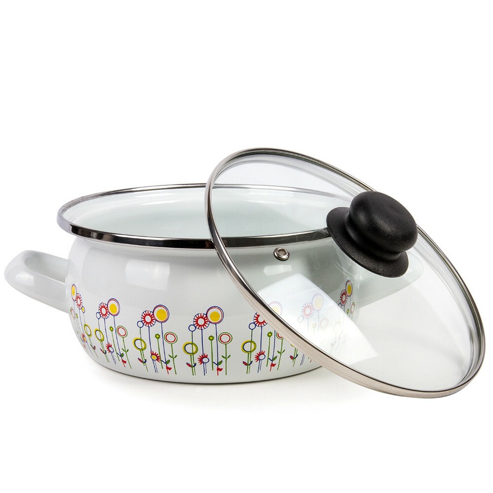 White Floral Pattern Enameled Stockpot with Lid. Durable Enamelware ...