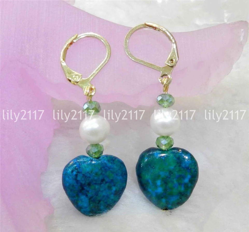 15mm Heart Shaped Azurite Gems Phoenix Stone &True White Cultured Pearl ...
