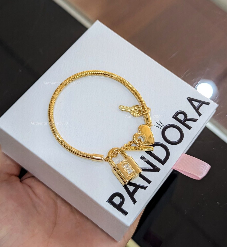 NEW 100% Authentic PANDORA Gold P Padlock and Key Dangle Charm Bracelet ...
